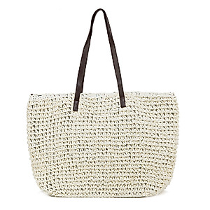 ilishop Women's Classic Woven Straw Tote Summer Beach Weaving Handbag Shoulder Bag (White)