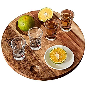 de la Cruz Tequila Flight Board with Salt Rim, Includes 4x Shot Glasses and Ceramic Plate Handmade Board, Glass Holder, Bar Party Serving Tray, Family Dinner Party, Gift for Friend