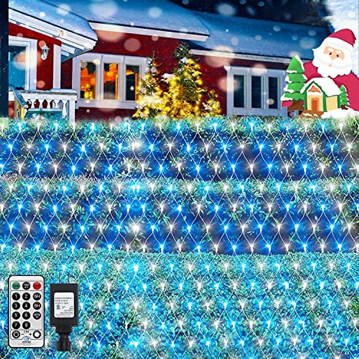 Net Lights Outdoor Christmas Net String Lights Plug in 9.8ft x 6.6ft Connectable Mesh Fairy Light 200 LEDs Waterproof Garden Tree Lights 8 Modes with Remote for Yard Fence Gazebo Decor(White+Blue)