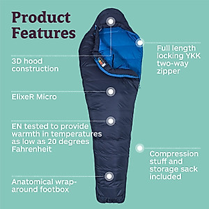 Marmot Ultra Elite 20 Sleeping Bag| Insulated, Warm, Water-Resistant, Dark Steel/Lakeside, Regular