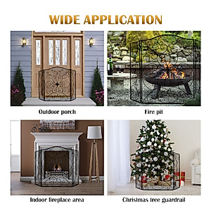POWLAB Black Fireplace Screen 50 x 36Inch Large 3 Panel Foldable Wrought Iron Free Standing Fireplace Screen Rustic Vintage Arched Mesh Furnace Fireguards Outdoor Iron Protector Fireplace Cover