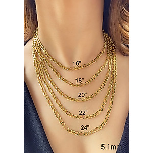 JEWELHEART 14K Real Gold Figaro Chain - 5.1mm Diamond Cut Cuban Link Figaro Necklace For Men - Dainty Yellow Gold Pendant Necklace For Women with Lobster Clasp 18"