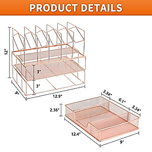 gianotter Desk Organizers and Accessories, Office Supplies Desk Organizer with Sliding Drawer, Double Tray and 5 Upright Section ​File Sorter Organizer (Rose Gold)