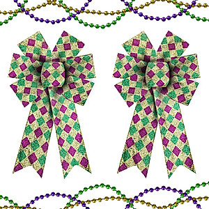 Estivaux 2 Pieces Mardi Gras Bows for Wreath, Mardi Gras Wreath Bows Glitter Green Purple Gold Stripe Bows Fat Tuesday Bows Bows for Front Door Mardi Gras Masquerade Party Decorations