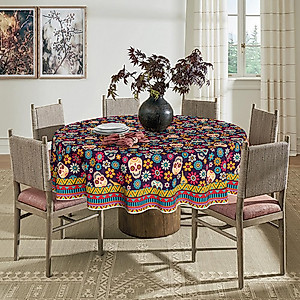 Horaldaily Dia de Muertos Tablecloth 70x70 Inch Round, Day of The Dead Mexico Sugar Skulls Washable Table Cover for Party Picnic Dinner Decor