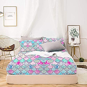MUSOLEI Mermaid Fitted Sheet Set 3D Rainbow Scales Twin Girls Bedding Set 2PCS 1 Deep Pocket Fitted Sheet with 1 Pillowcases Wrinkle Free Cozy Microfiber(01,Twin)