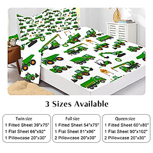 EDGZKO Sheet Set Green Tractor: Queen Size Cartoon Excavator Truck Bed Sheets for Boys Kids Toddler Deep Pocket Construction Vehicle 4PC Bedding Set 1 Fitted Sheet & 1 Flat Sheet & 2 Pillowcases