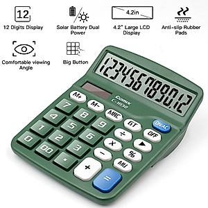 Comix Desktop Calculator 12 Digit with Large LCD Display and Big Button, 12 Digits Baisc Calculator, Solar Battery Dual Powered, for Office Home School C-1832(Green)