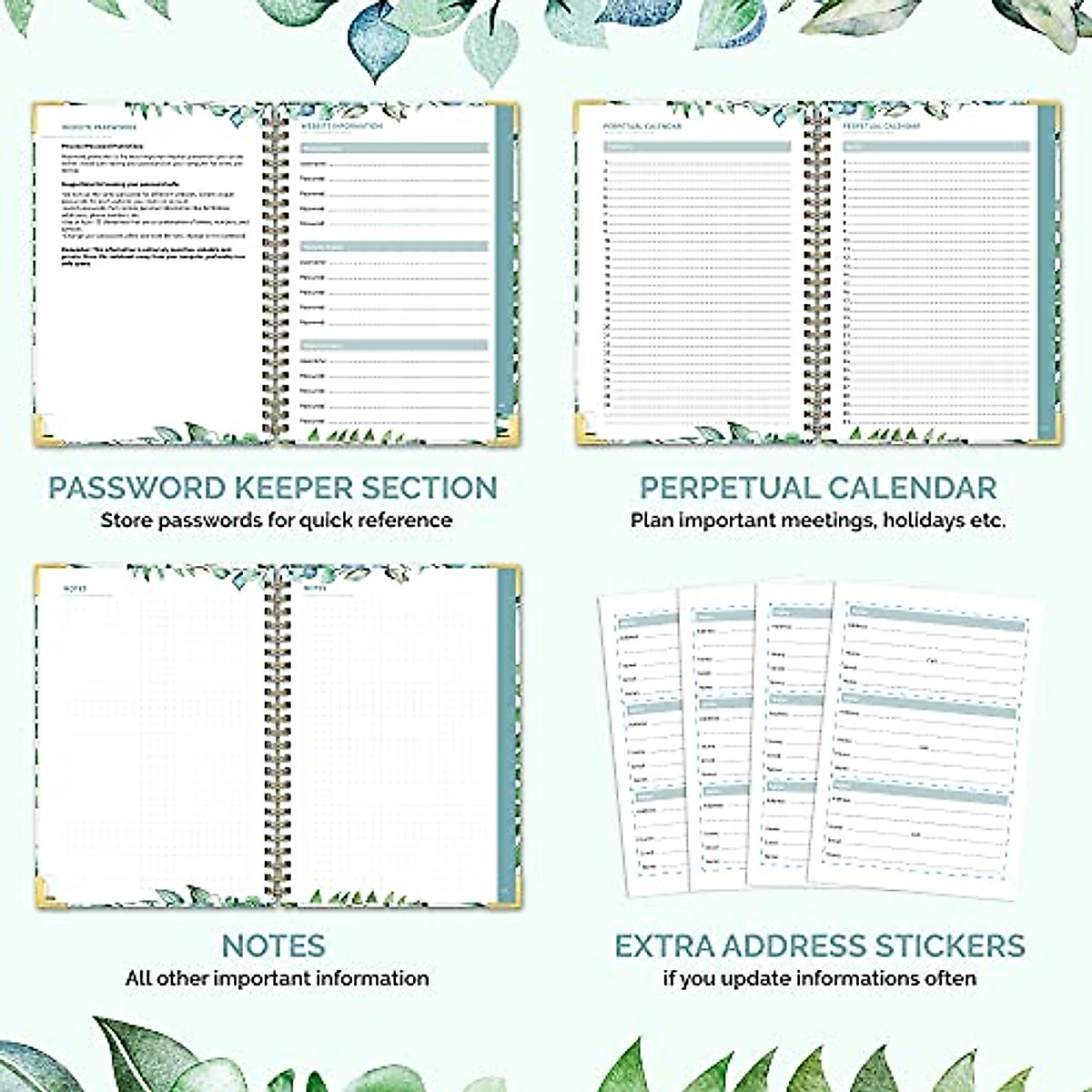Simplified Greenery Address and Password Book with Alphabetical Tabs - The Perfect Spiral Bound Address Organizer incl. Address Labels, Contact and Phone Section