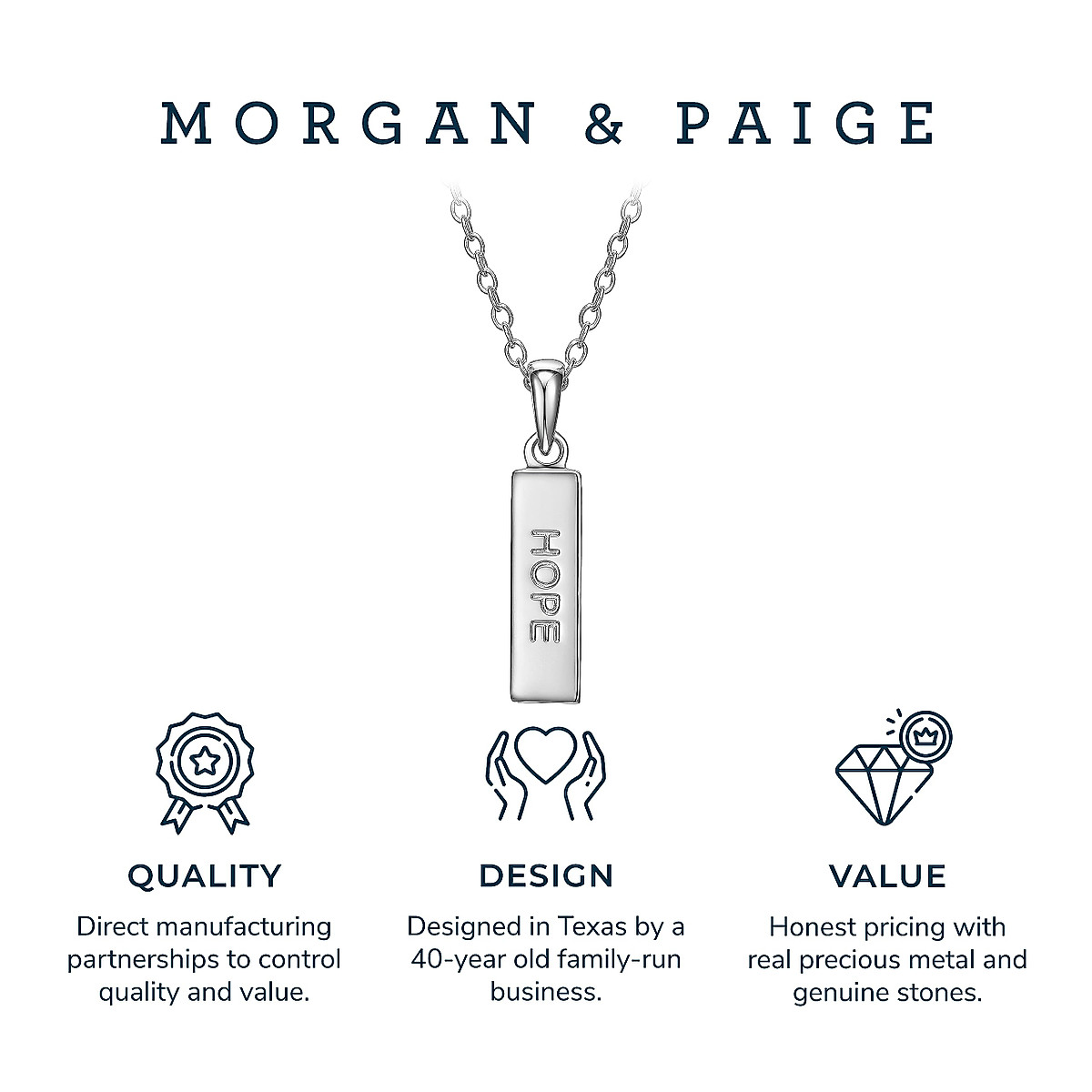 MORGAN & PAIGE Dainty .925 Sterling Silver Hope Vertical Bar Engraved Sentiment Pendant Necklace for Women, 16" Cable Chain and 2" Extender, Jewelry Gift for Her