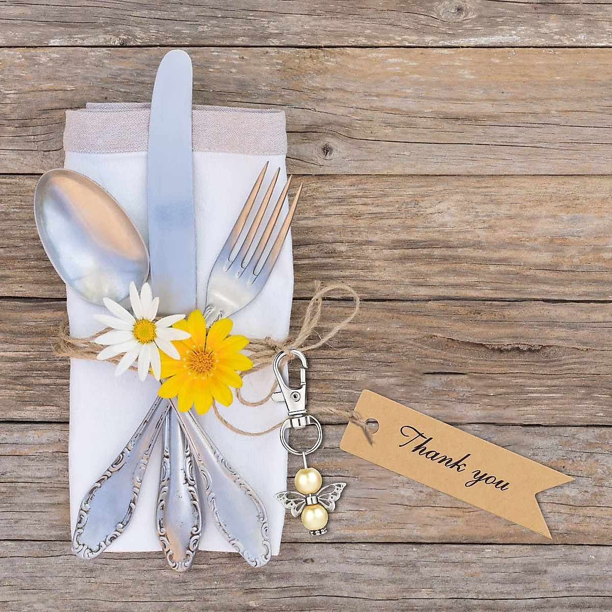 GWHOLE 30 Set of Angel Keychain with Organza Gift Bags and Thank You Favor Tags Guest Return Gift for Baby Shower Baptism Favors Wedding Bridal Birthday Party Favors, Beige