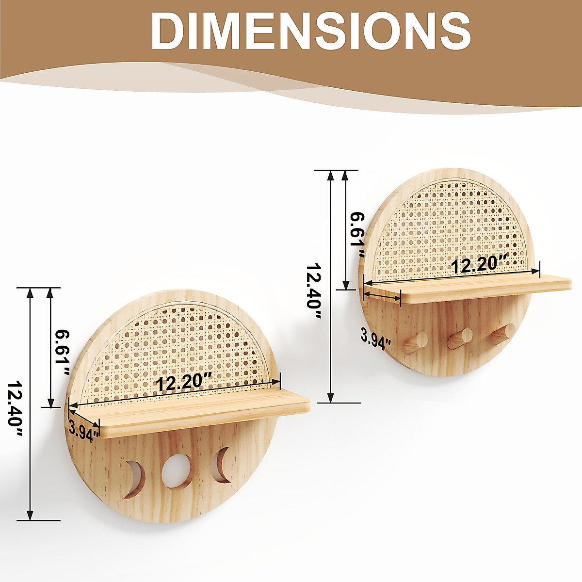LUPWNEKA Rattan Circle Shelf Set of 2, Natural Wood Shelves Wall Mount, Boho Nursery Floating Shelves with Wooden Hooks, Rustic Decorative Shelves for Clothes Hats, Kitchen, Bathroom, Living Room