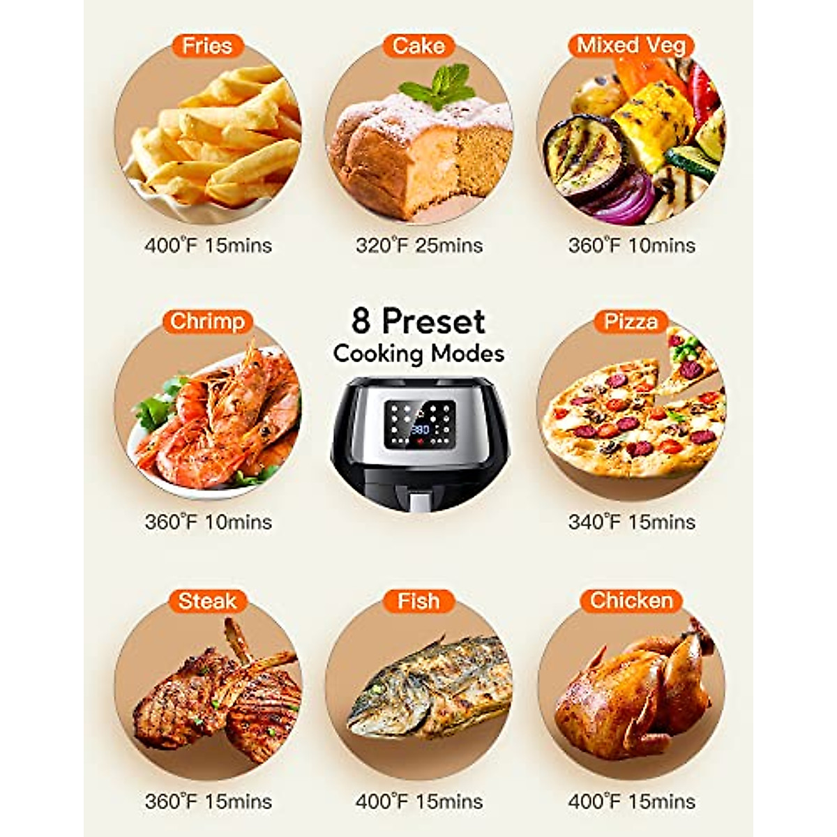 Famiworths Air Fryer, 8.9 Quart Large Electric Hot Air Fryer Oilless Cooker, Digital Touchscreen with 8 Presets, Preheat, Timer & Temperature Control, Non-stick Liner and Frying Basket, Cooking Tongs