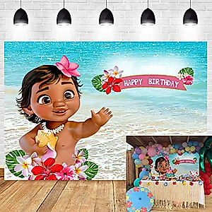 Moana Happy Birthday Backdrop Summer Beach Birthday Party Photography Background for Girl Baby Shower Kids Children Cake Table Decoration Supplies Banner 7x5FT