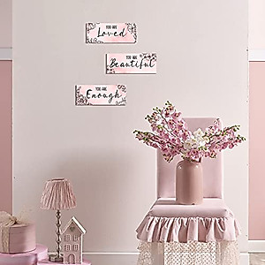 Creoate Pink Wall Decor for Girls 3 Pieces Inspirational Quotes Wall Art Thick Wooden Wall Hanging Bedroom Decor - You Are Loved Signs Wall Decor, Cute Girls Bedroom Decor, 4x10x0.3 Inch