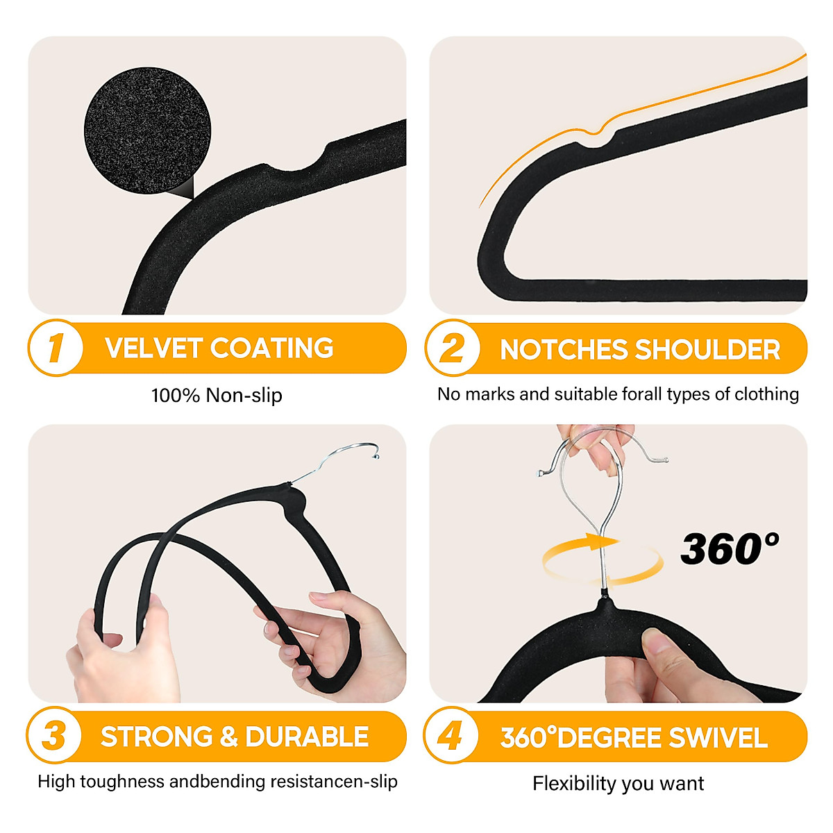 HealSmart 50 Pack Heavy Duty Velvet Hangers, Non-Slip Flocked Felt Hangers with Shoulder Notches, Hangers for Coats, Pants and Dress Clothes, Black