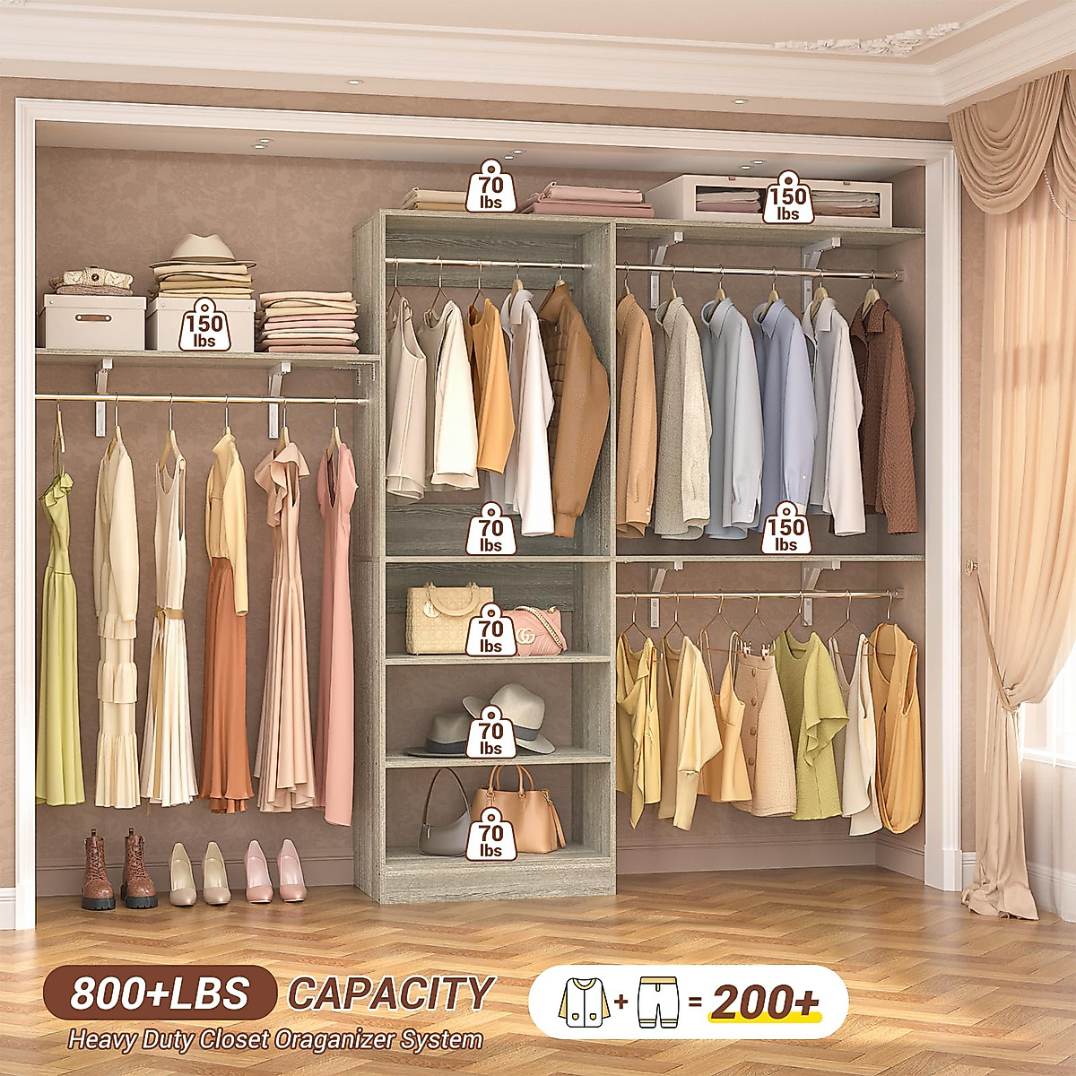 Armocity 96'' Closet System, 8FT Walk In Closet Organizer with 3 Shelving Towers, Heavy Duty Bedroom Wardrobe with 5 Shelves, Wall Mounted Clothes Rack (Can Be Cut To Fit), 96"L x16"W x75"H, White Oak