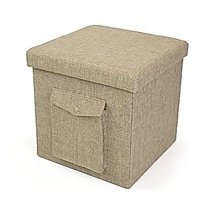 Humble Crew Folding Storage Ottoman Cube with Exterior Multi Purpose Pocket, Heathered Khaki