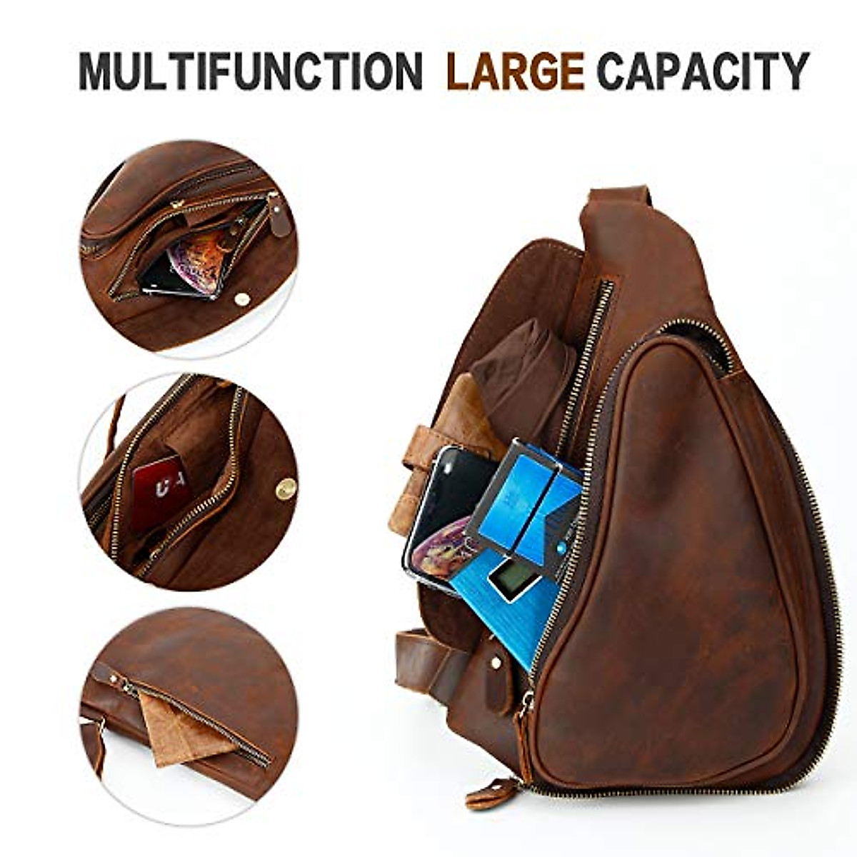 Leathario Men's Leather Sling bag Chest bag One shoulder bag Crossbody Bag Backpack for men