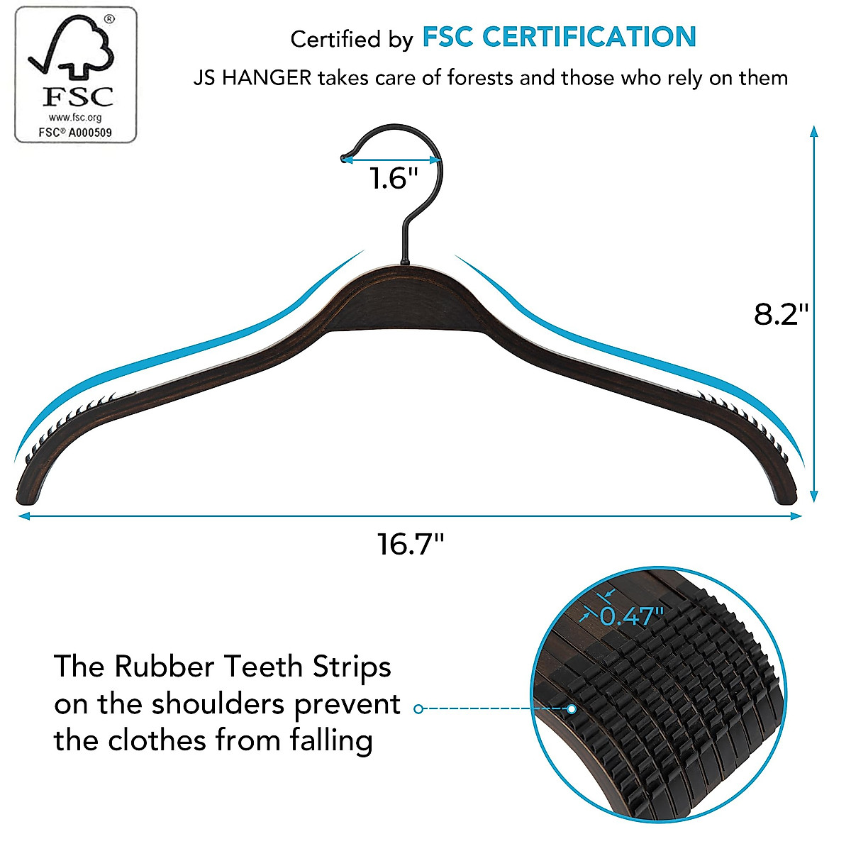 JS HANGER Lightweight Non Slip Wooden Hangers - 10 Pack Heavy Duty Wood Coat Hangers with Soft Stripes for Camisole, Jacket, Dress Clothes, Sweater, Retro Finish