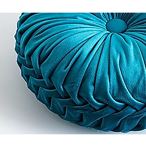Cassiel Home Summer Home Pleated Velvet Round Throw Pillow Turqoise Summer Pintuck Decorative Pillow for Couch Sofa Bed Armchair Lounge Garden Patio Bench or Bedroom Floor Cushion 14.5 inches