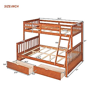 TARTOP Bunk Bed with Drawers, Twin Over Full Bunk Bed, Solid Wood Bunk Bed Frame with Ladders & 2 Storage Drawers, Bedroom Furniture,Walnut