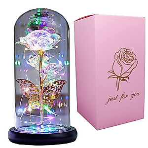AUSAYE for Mom,Women's Gift Gold Butterfly Birthday Gifts Colorful Preserved Rose Gift Flower, Preserved Rose Flower in Glass Dome, Unique Gift for Her, Mom,Grandma