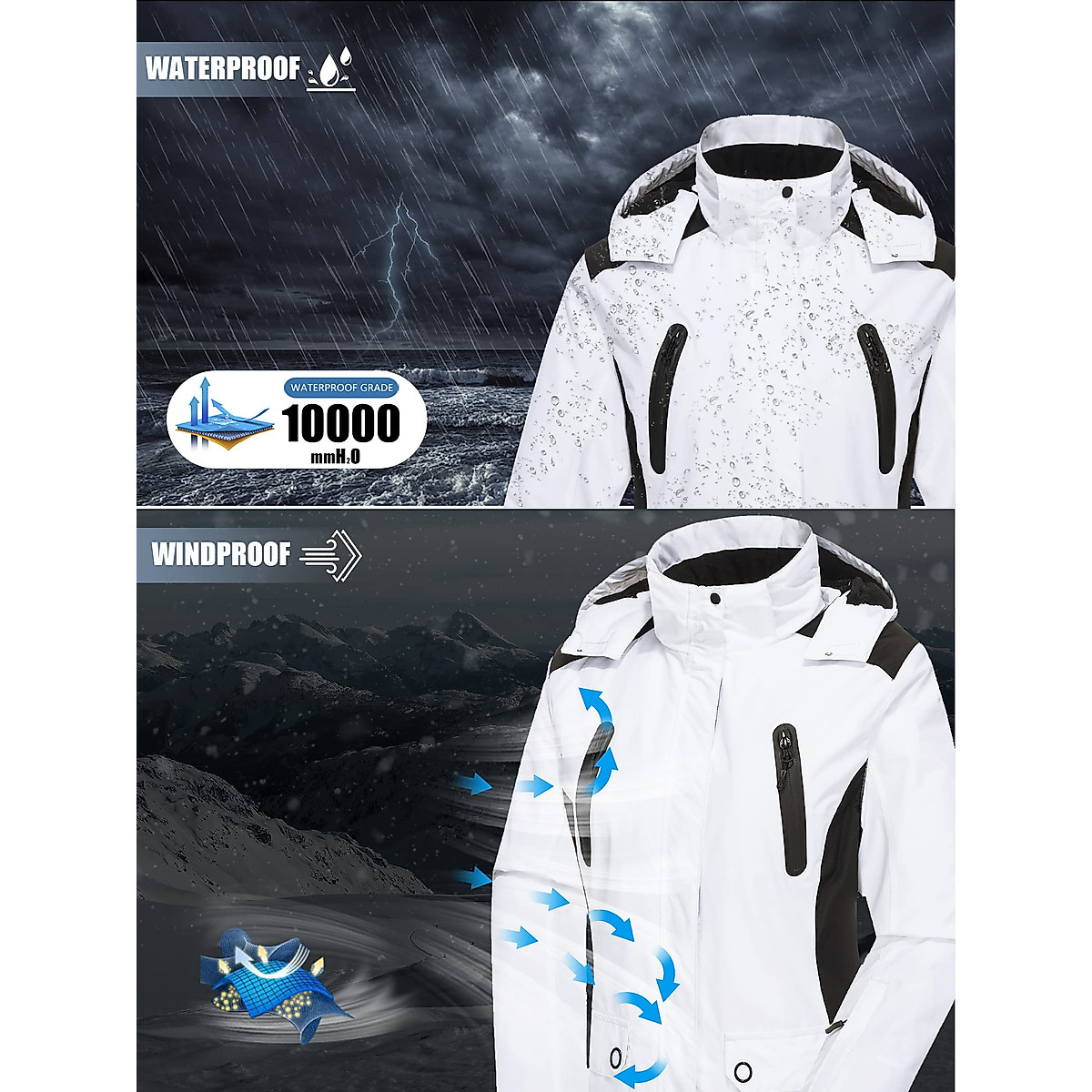 FREE SOLDIER Women's Waterproof Ski Jacket Fleece Lined Warm Winter Snow Coat with Hood Fully Taped Seams(White Black,L)