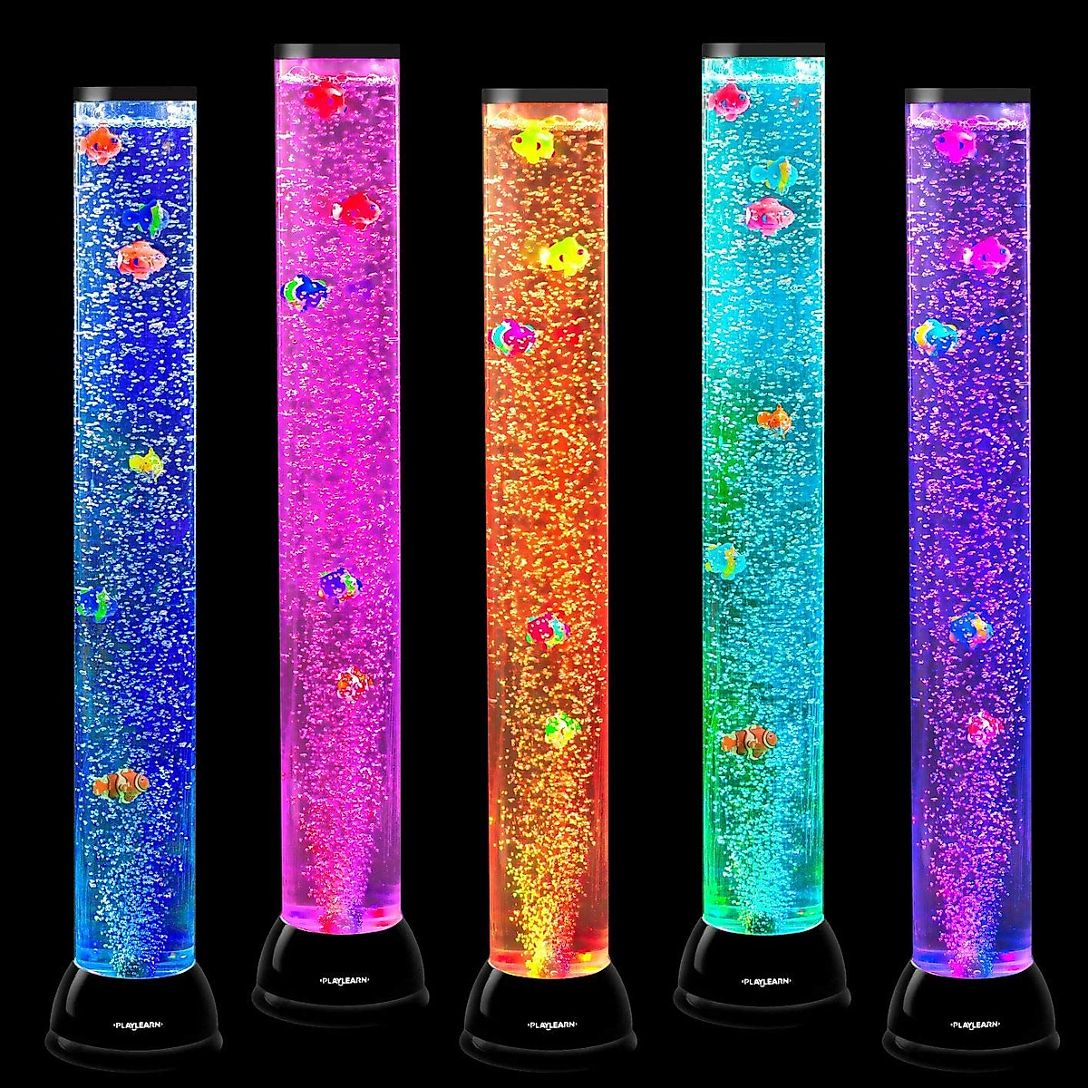 Playlearn 2.7ft Sensory Bubble Tube - 8 Fake Fish - 8 Color Changing LED Lights - Fake Fish Tank Bubble Lamp