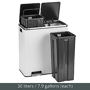 mDesign Metal Steel 16 Gallon/60-Liter, Large Dual Compartment Step Trash Can; Double Bin Trash Can/Recycler Combo for Kitchen; Holds Garbage, Recycling; Features Two Removable Liner Buckets - White