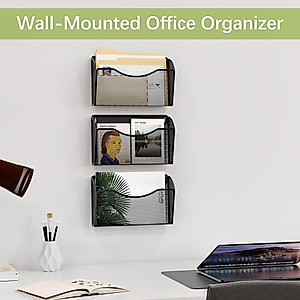 EasyPAG Hanging File Organizer Mesh 3 Single Pockets Wall File Holder Office Document Magazine Folder Rack ,Black