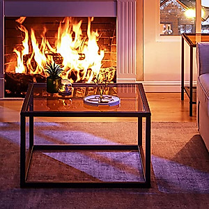 SAYGOER Glass Coffee Table Modern Coffee Tables Simple Square Center Table for Living Room Home Office Tempered Glass-top with Sturdy Metal Frame 26.7 x 26.7 x 15.7 Inches Easy Assembly, Brown Glass