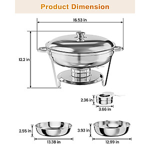 GAOMON 5QT Chafing Dish Buffet Set of 6 Pack, Round Stainless Steel Food Warmers Buffet Servers Sets, Chafer with Food & Water Pan, Lid, Frame, Fuel Holder for Catering and Parties
