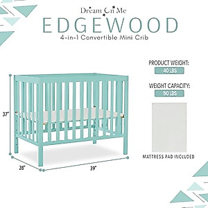Dream On Me Edgewood 4-In-1 Convertible Mini Crib In Mint, JPMA Certified, Non-Toxic Finish, New Zealand Pinewood, With 3 Mattress Height Settings, Included 1" Mattress Pad