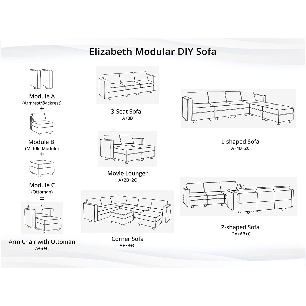 Naomi Home Square Ottoman Module for Modular Sectional Sofa, Storage Ottoman Footrest and Square Seat Cube, Air Leather Foot Stool - Black