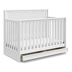 STORKCRAFT Luna 5-in-1 Convertible Crib with Drawer (White) – GREENGUARD Gold Certified, Crib with Drawer Combo, Full-Size Nursery Storage Drawer, Converts to Toddler Bed, Daybed and Full-Size Bed