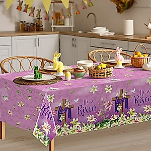 3 Pack He is Risen Easter Tablecloth Party Decorations, Spring Lily Floral Easter Plastic Tablecloth Rectangle for Holiday Spring Farmhouse Kitchen Dining Table Decorations Indoor Outdoor, 54x108 Inch