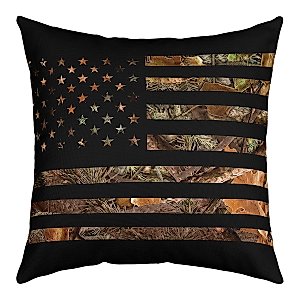 American Flag Camo Throw Pillow Cover 22x22, Military Hunting Pillow Cover, Rustic Tree Leaves Camouflage Cushion Case, Nature Conifer Oak Branches Decorative Pillow Cover For Boys, Black Brown
