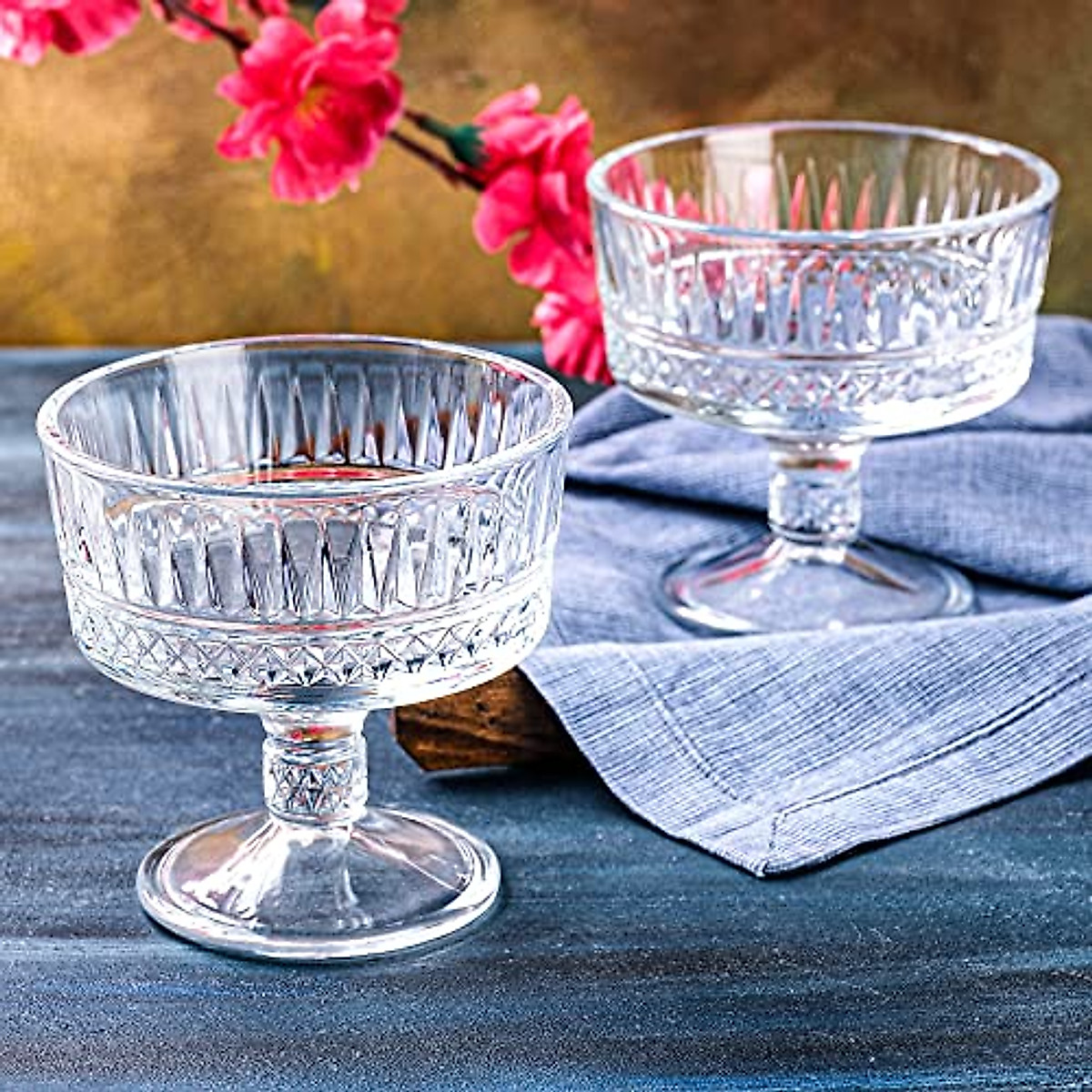 Crystalia Glass Ice Cream Bowls, Crystal Dessert Cups Set of 2, Clear Pedestal Bowls, Small Glass Bowls for Parfait, Trifle, Sundae and Cereal, Footed Desert Cups, Lead-Free Custard Cups