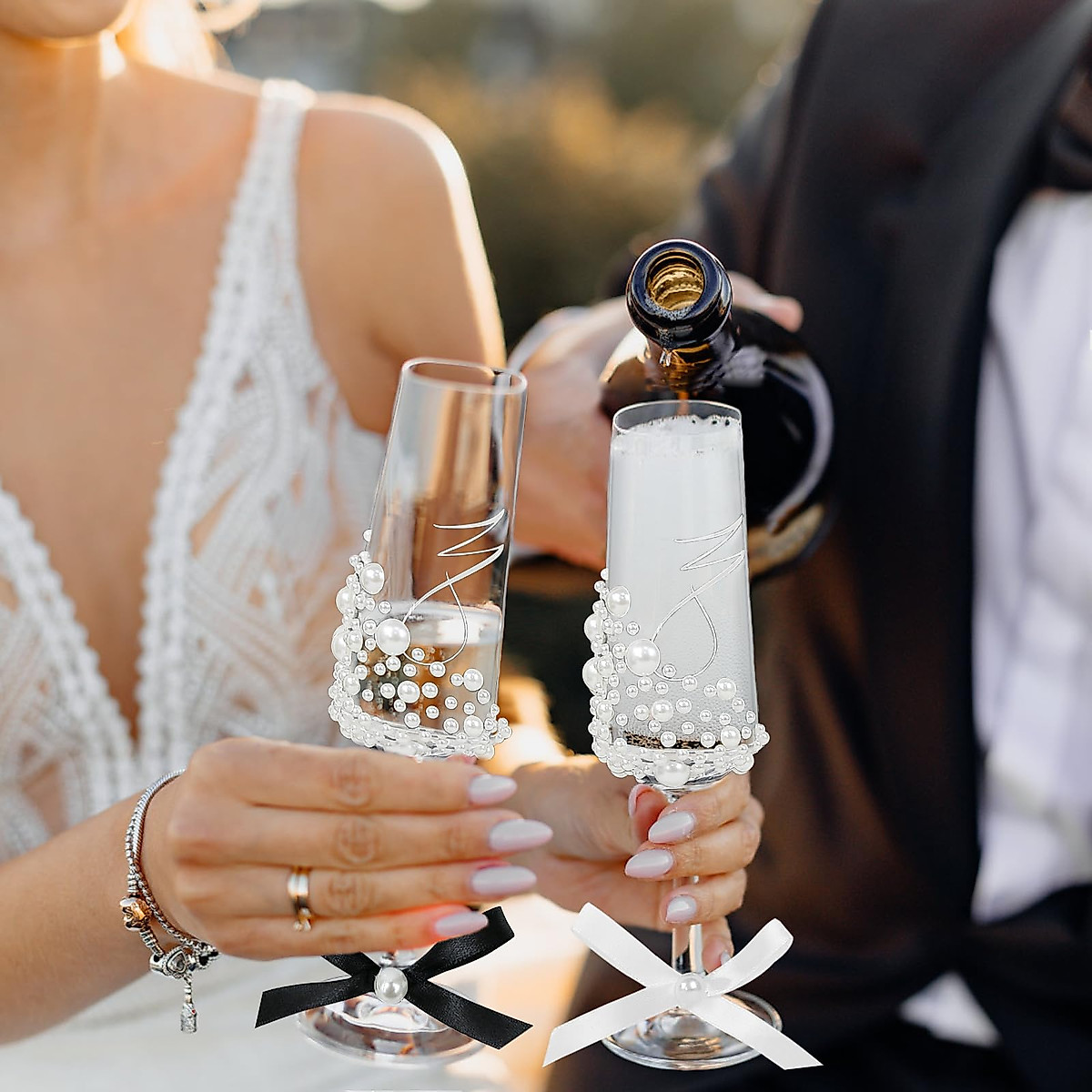 SEMONONIA 4 Piece Wedding Toasting Flutes and Cake Server Set - Champagne Glasses and Knife Server Set,Bride and Groom Wine Glasses and Cake Knives Set for Anniversary Engagement Gifts for Couple