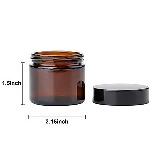 2 oz Round Glass Jars (6 Pack) - Empty Cosmetic Containers with Inner Liners, black Lids and Glass Sample Jars with lables (Amber) by THETIS Homes
