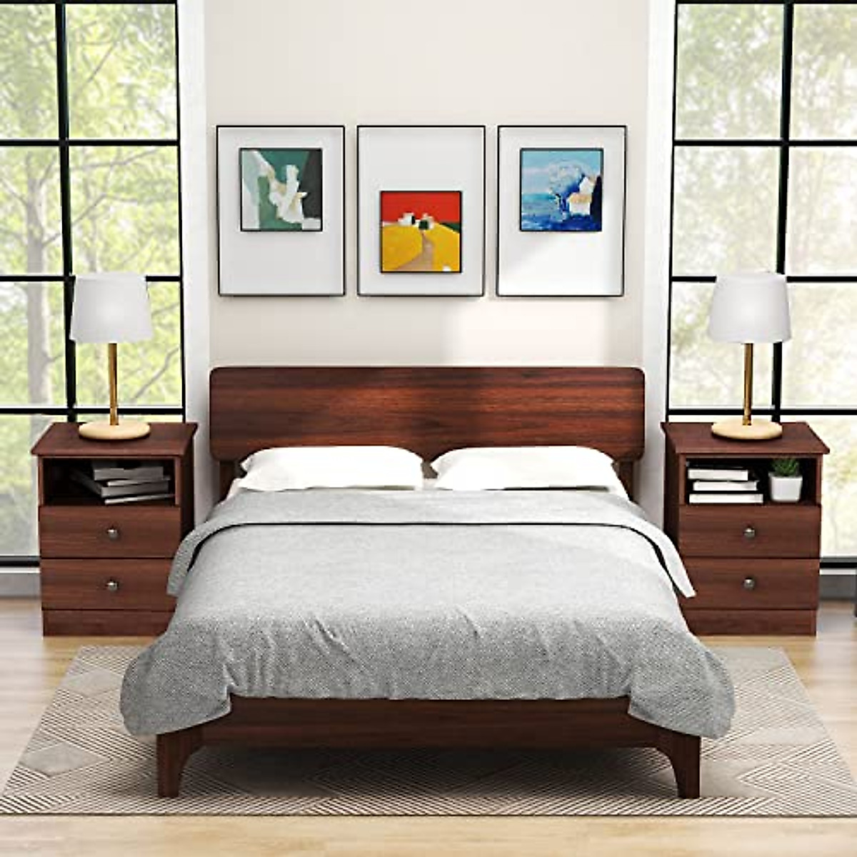 UYIHOME Walnut Nightstand with Storage Drawers and Open Shelf, 2 Drawers End Table with Sturdy Base, Farmhouse Wood Nightstand Bedside Table Sofa-Side Accent Table for Bedroom