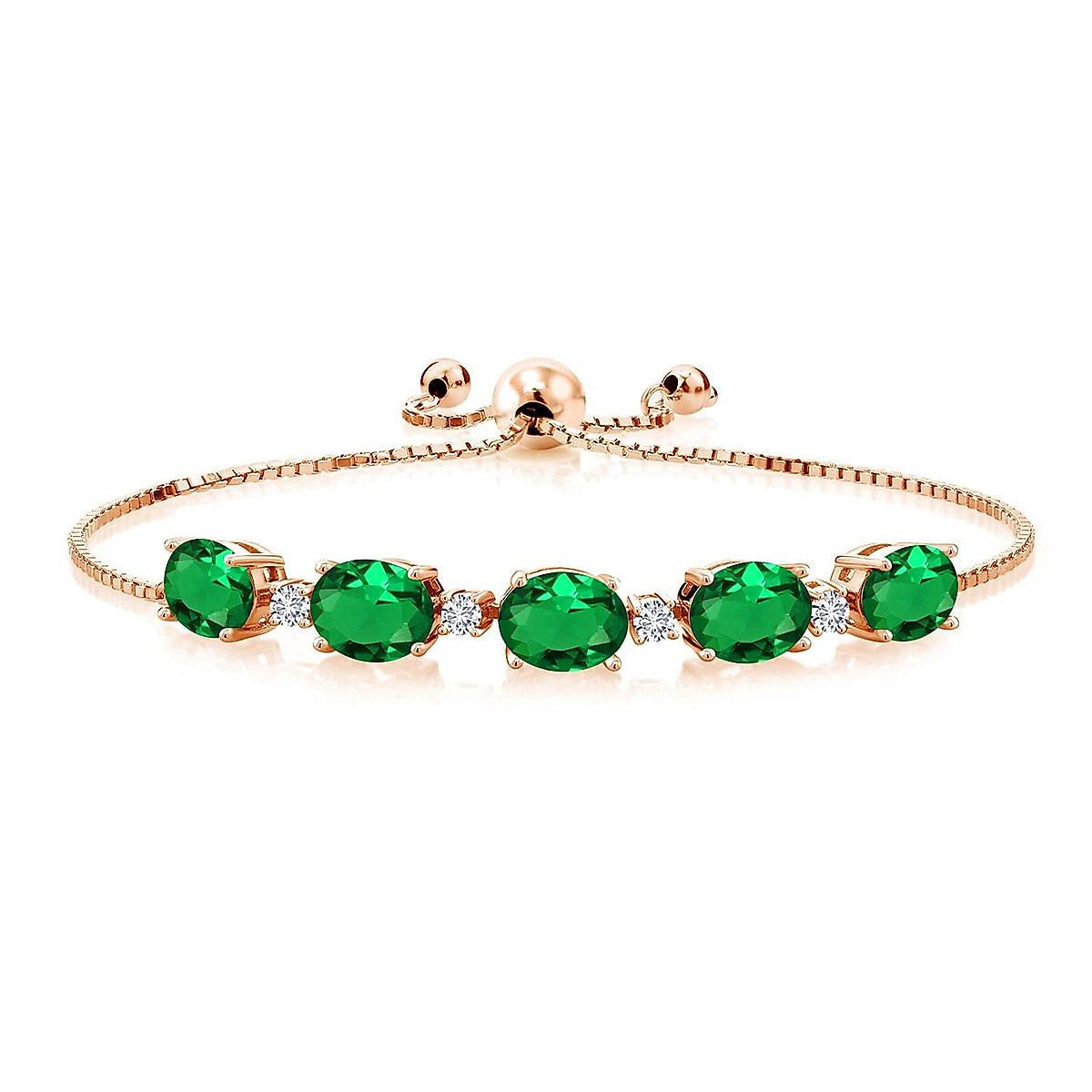 Gem Stone King 18K Rose Gold Plated Silver Green Simulated Emerald and White Lab Grown Diamond Tennis Bracelet For Women (4.01 Cttw, Fully Adjustable Up to 9 Inch)