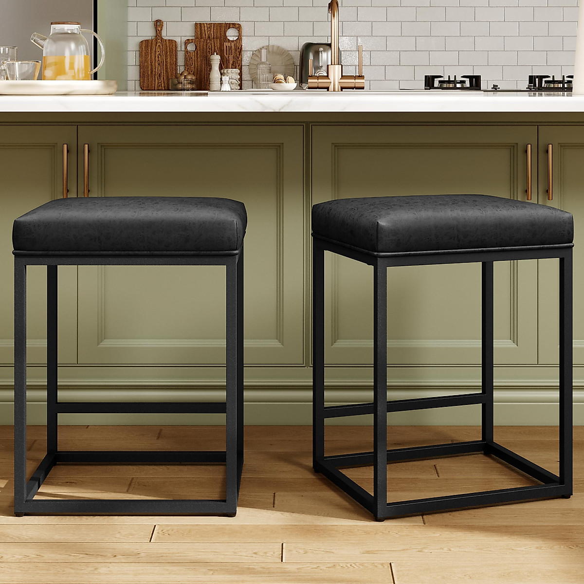 MAISON ARTS Black Counter Height 24" Bar Stools Set of 2 for Kitchen Counter Backless Modern Square Barstools Upholstered Faux Leather Stools Farmhouse Island Chairs,Support 330 LBS,(24 Inch,Black)