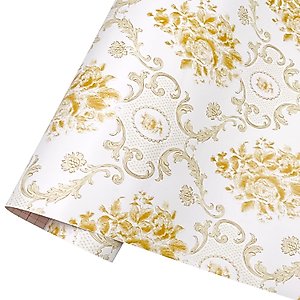 LovingWay 14.7 feet Wallpaper Roll Vintage Shelf Liner Self-Adhesive 17.7x177 Inch Drawer Covering PVC Paper Upgrade Old Furnitures Looking Yellow Damask