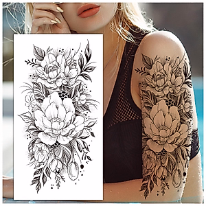 Cerlaza Temporary Tattoos for Women, Fake Flower Tattoos Stickers for Adults, Semi Permanent Half Sleeve Tattoo Body Leg Makeup Waterproof, Flower 3D Butterflies Tatuajes Temporales-12 Sheets