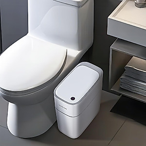 JOYBOS Trash Can with Lid Automatic Garbage Can, 3.8 Gallon Slim Small White Plastic Smart Trash Bin, Narrow Motion Sensor for Bedroom, Bathroom, Toilet Office