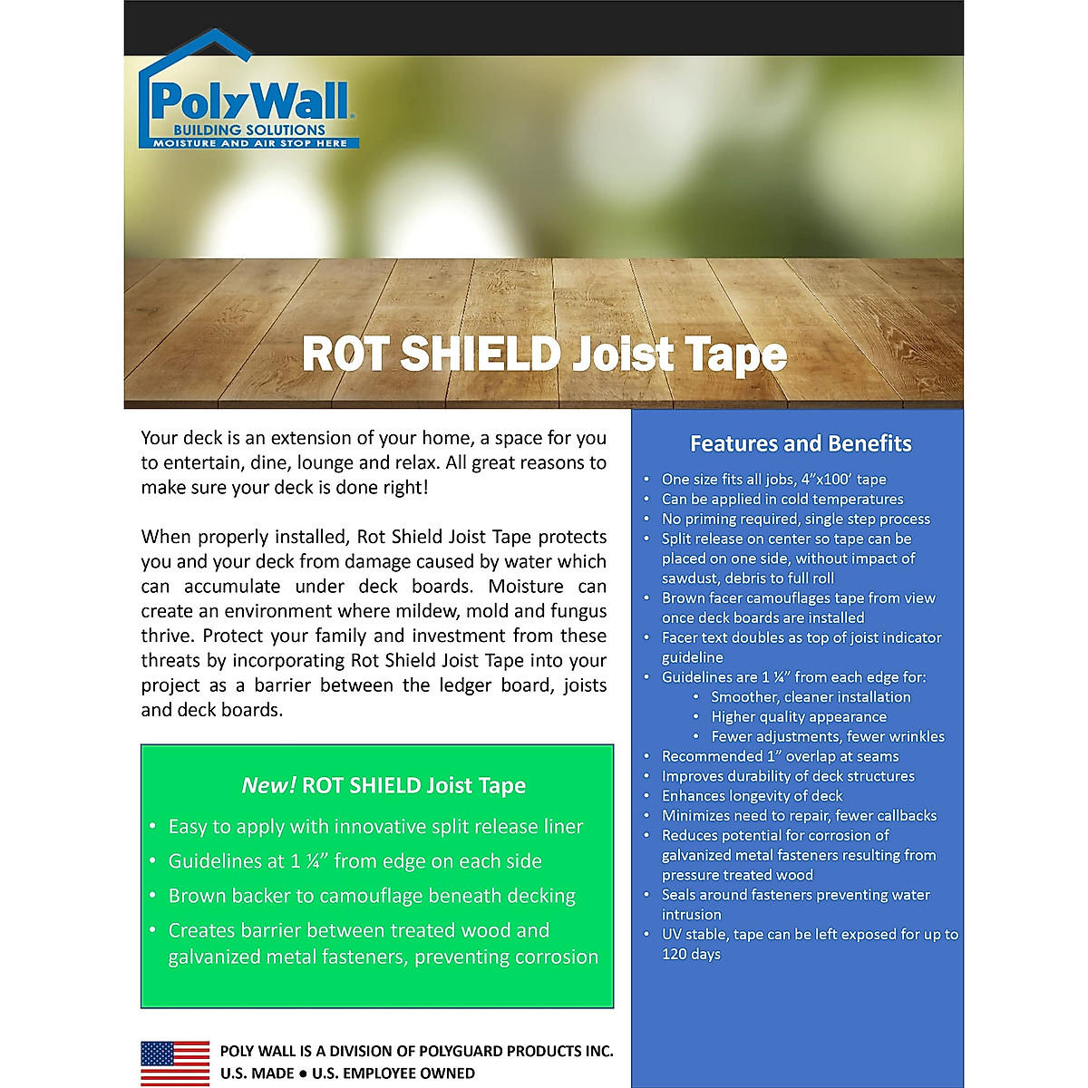 POLYGUARD Poly Wall - Rot Shield Joist Tape for Decking, 4" x 100'. Made in The USA. Self Adhering, Self Sealing Deck Joist Tape for Wood Decks