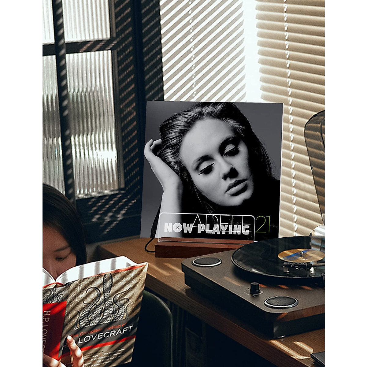 POSVIU Now Playing Vinyl Record Stand - LED Lighting Display, Solid Walnut & Acrylic,Vinyl Record Holder for LP Albums, Warm Lights (Walnut)