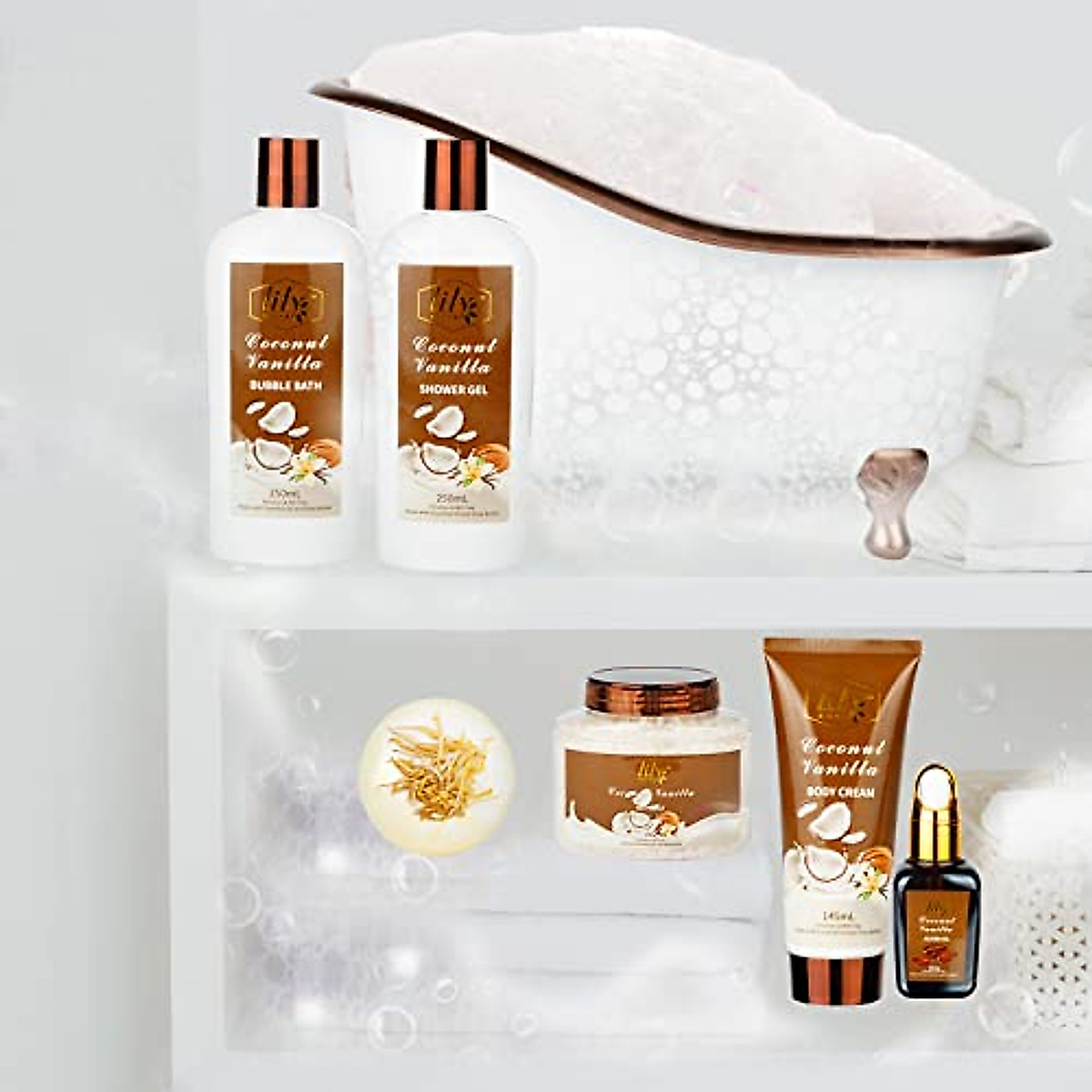 Spa Gift Baskets for Women, Coconut Vanilla Bath and Body Gift Set for Women with Essential Oil with Shower Gel, Bubble Bath, Body Lotion, Bath Bomb, Jojoba Oil, Birthday & Christmas Bubble Gifts for Women Mom Girlfriend.